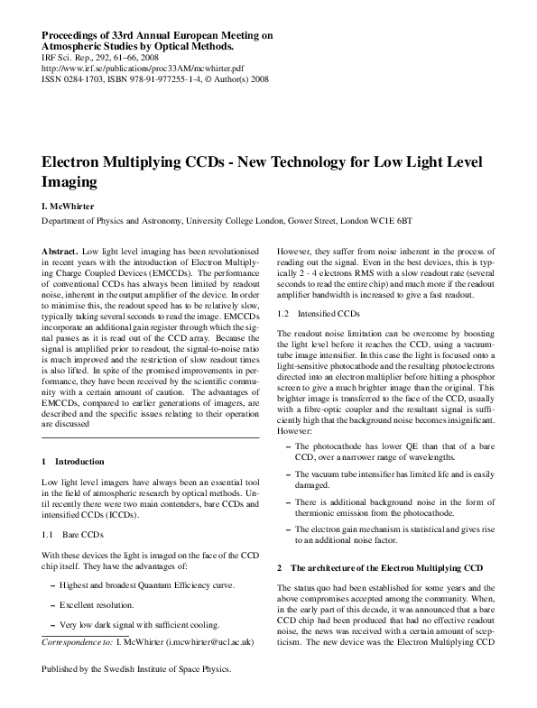 (PDF) Electron Multiplying CCDs - New Technology for Low Light Level ...