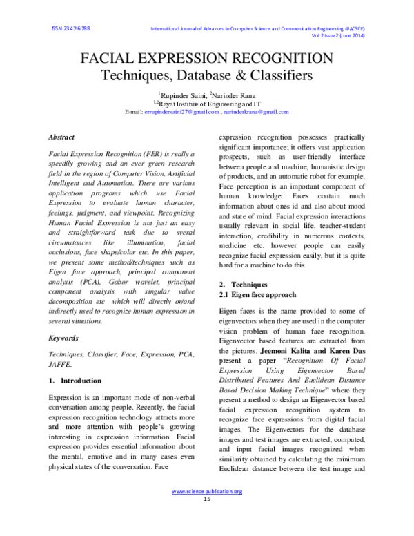 (PDF) FACIAL EXPRESSION RECOGNITION Techniques, Database & Classifiers