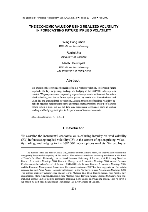 Pdf The Economic Value Of Using Realized Volatility In Forecasting Future Implied Volatility