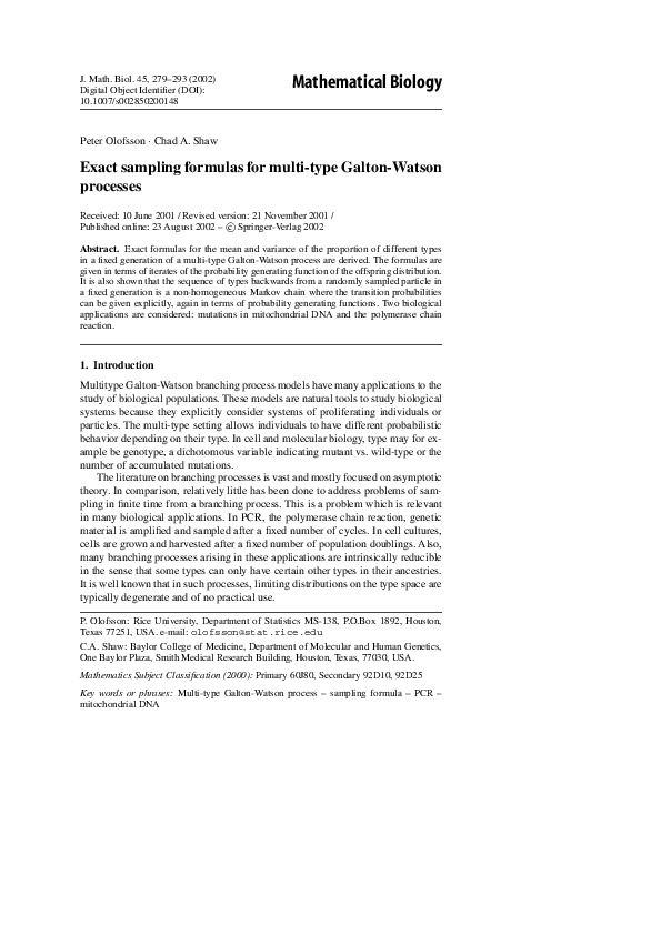 (PDF) Exact sampling formulas for multi-type Galton-Watson processes
