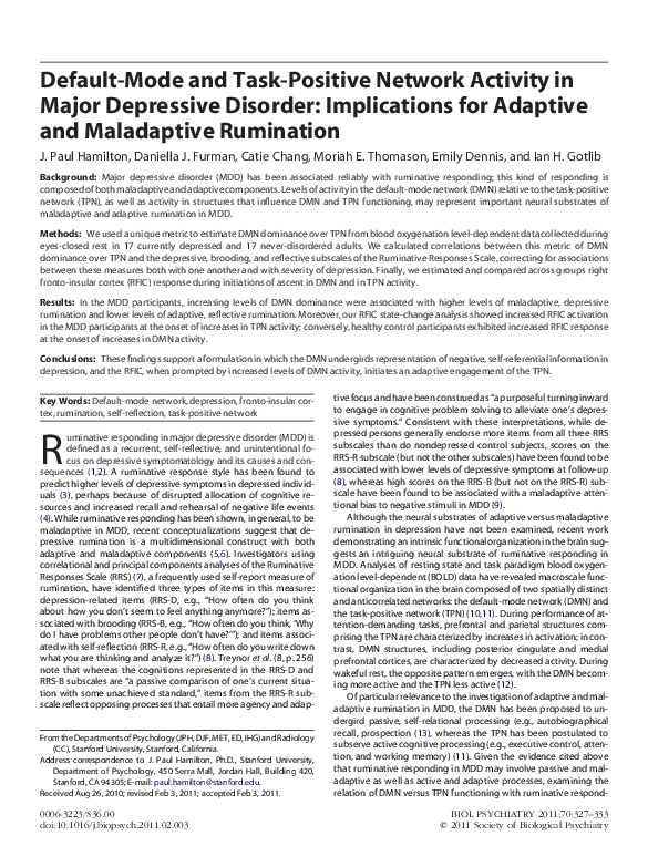 (PDF) Default-mode and task-positive network activity in major ...