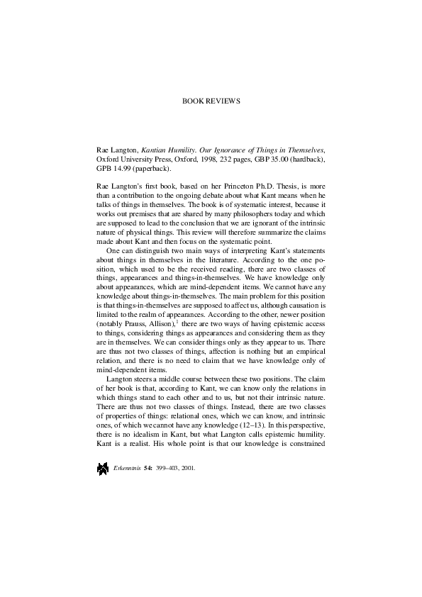 (PDF) Rae Langton, Kantian Humility. Our Ignorance of Things in Themselves