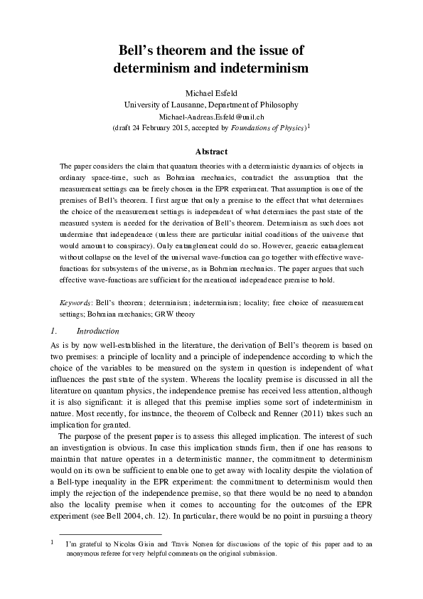 (PDF) Bell’s Theorem and the Issue of Determinism and Indeterminism