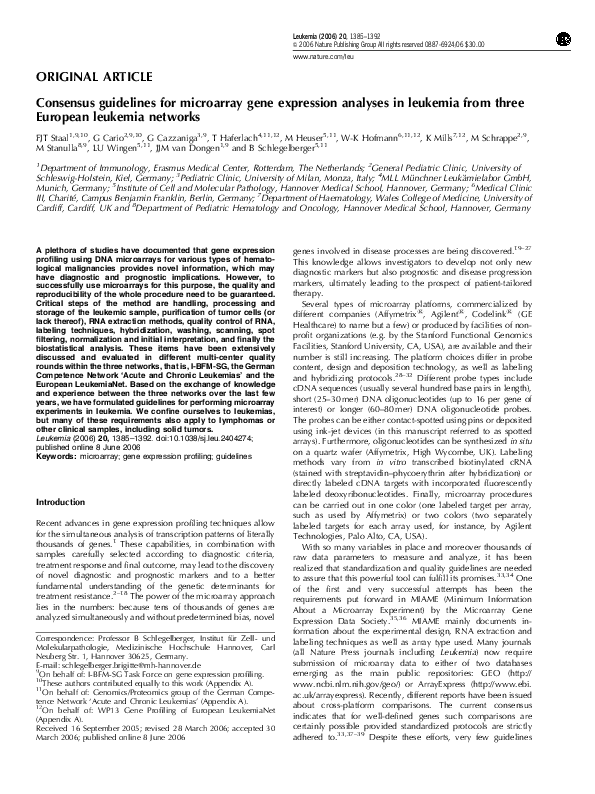 (PDF) Consensus guidelines for microarray gene expression analyses in leukemia from three ...