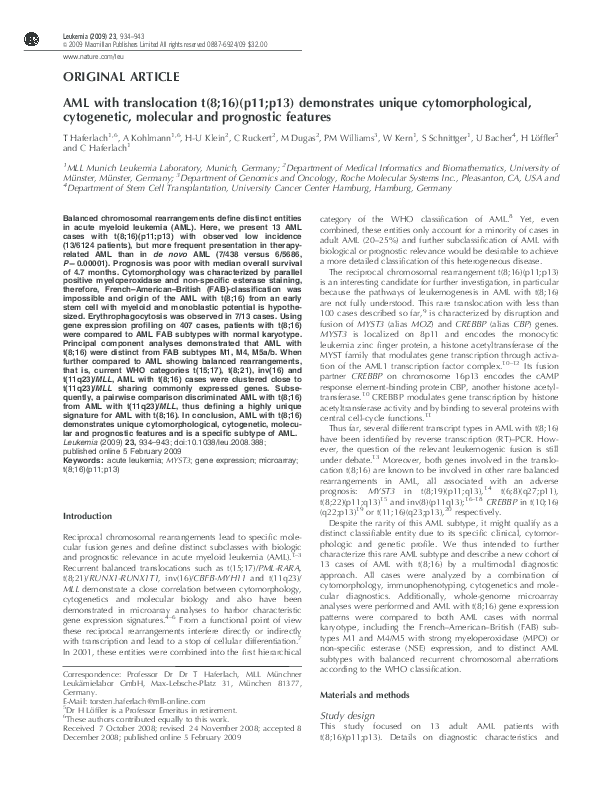 (PDF) AML with translocation t(8;16)(p11;p13) demonstrates unique ...