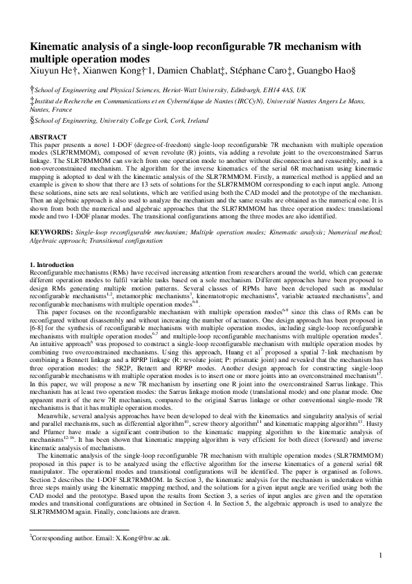 (PDF) Kinematic analysis of a single-loop reconfigurable 7R mechanism with multiple operation modes