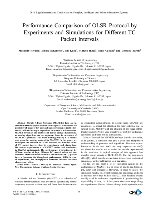 Pdf Performance Comparison Of Olsr Protocol By Experiments And Simulations For Different Tc