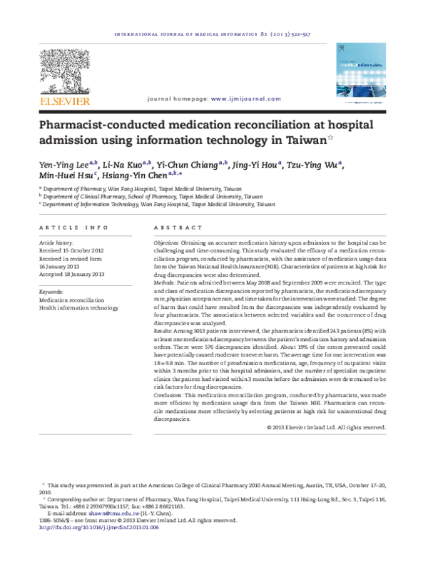 (PDF) Pharmacist-conducted medication reconciliation at hospital ...