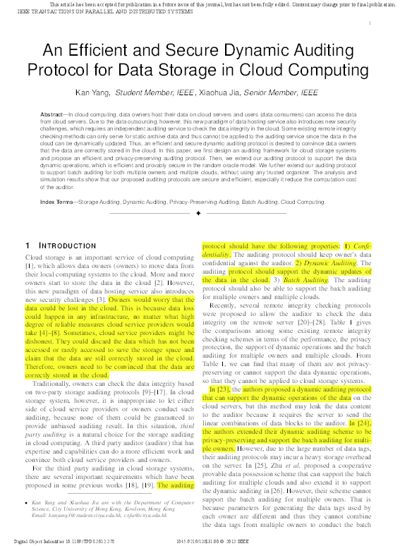 Pdf An Efficient And Secure Dynamic Auditing Protocol For Data Storage In Cloud Computing
