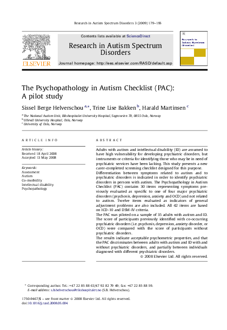 (PDF) The Psychopathology in Autism Checklist (PAC): A pilot study