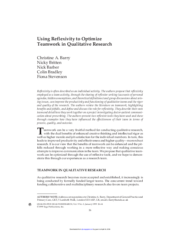 (PDF) Using Reflexivity to Optimize Teamwork in Qualitative Research