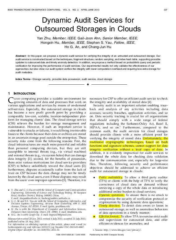 (PDF) Dynamic Audit Services for Outsourced Storages in Clouds