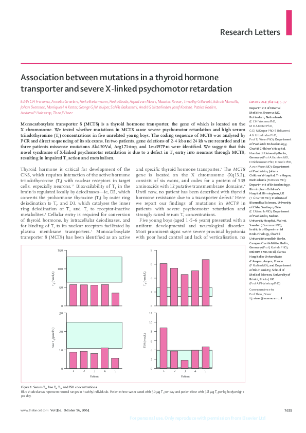 Pdf Association Between Mutations In A Thyroid Hormone Transporter And Severe X Linked
