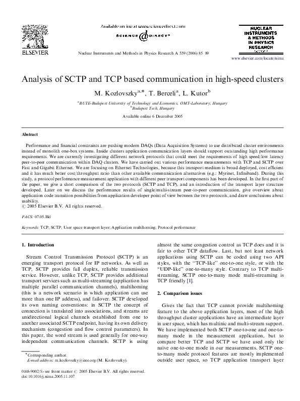 Pdf Analysis Of Sctp And Tcp Based Communication In High Speed Clusters