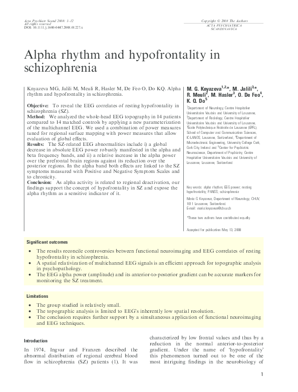 (PDF) Alpha rhythm and hypofrontality in schizophrenia