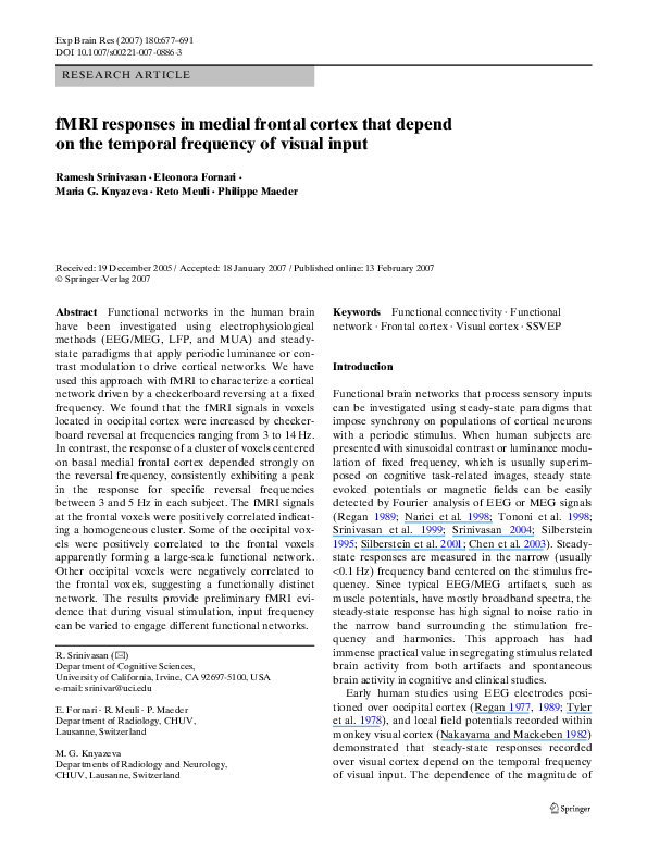 Pdf Fmri Responses In Medial Frontal Cortex That Depend On The Temporal Frequency Of Visual Input