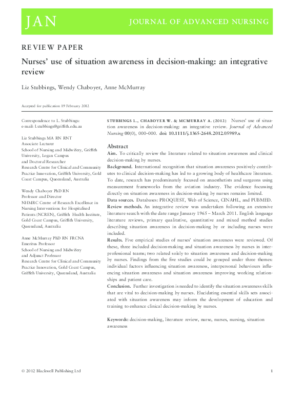 (PDF) Nurses’ use of situation awareness in decision-making: an ...