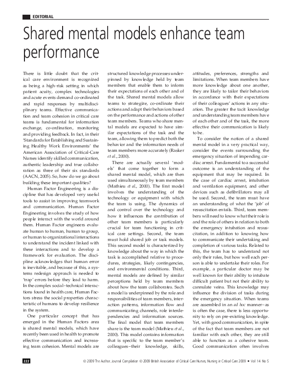(PDF) Shared mental models enhance team performance