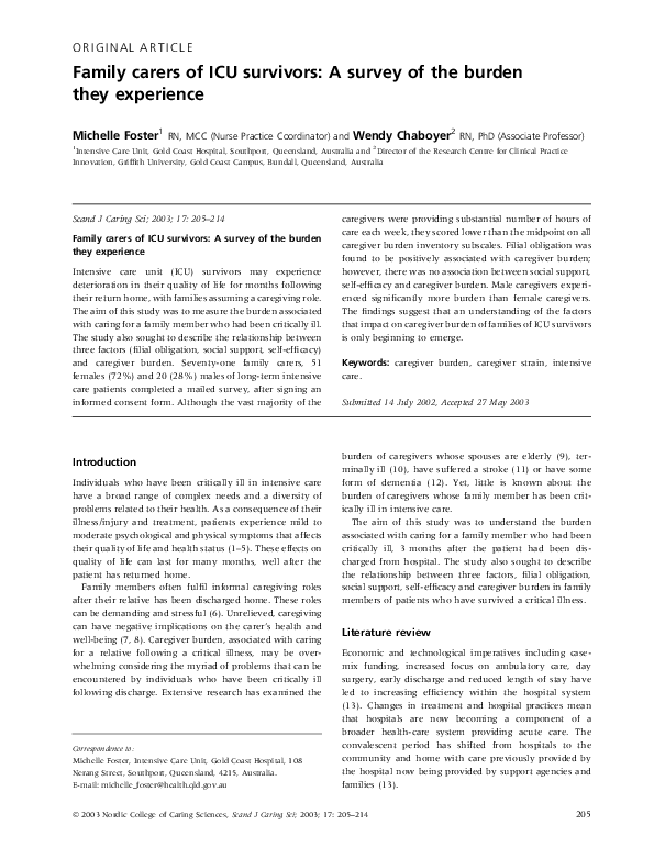 (PDF) Family carers of ICU survivors: A survey of the burden they ...