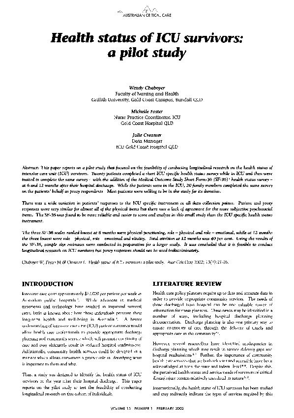 (PDF) Health status of ICU survivors: a pilot study