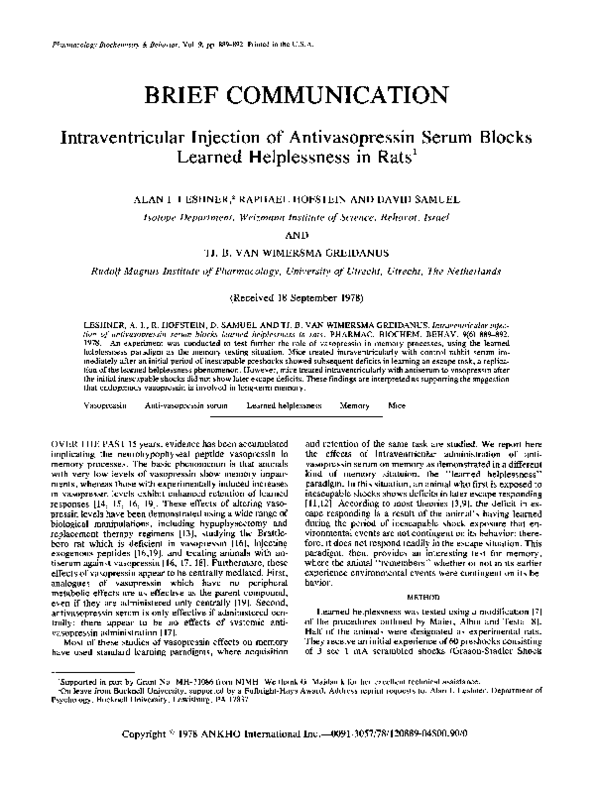 (PDF) Intraventricular injection of antivasopressin serum blocks ...