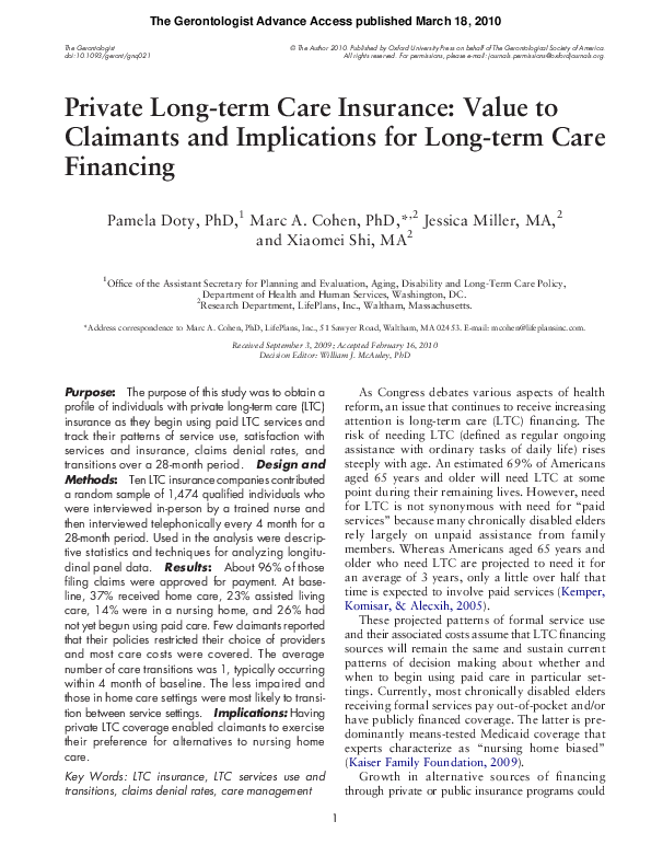 (PDF) Private Long-term Care Insurance: Value to Claimants and ...