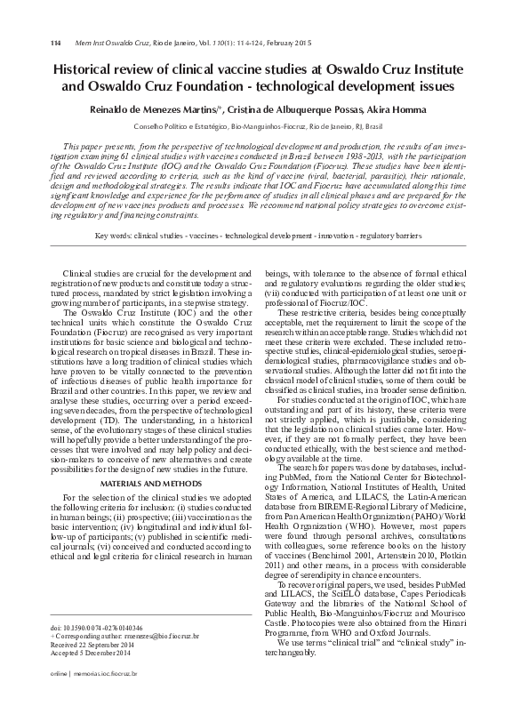(PDF) Historical review of clinical vaccine studies at Oswaldo Cruz ...