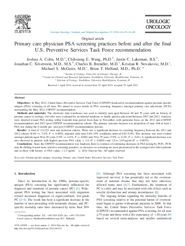 (PDF) Primary care physician PSA screening practices before and after ...
