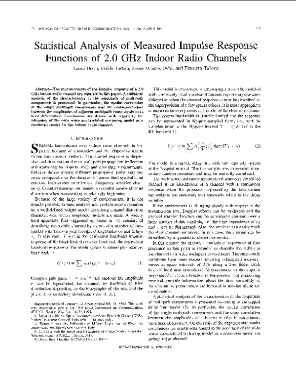 (PDF) Statistical analysis of measured impulse response functions of 2.0 GHz indoor radio channels
