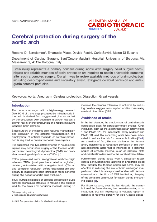 (PDF) Cerebral protection during surgery of the aortic arch