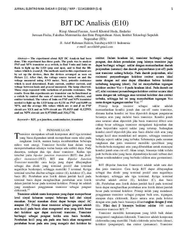 (PDF) Laporan Resmi E10 BJT DC Analisis