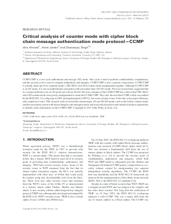 (PDF) Critical analysis of counter mode with cipher block chain message authentication mode ...