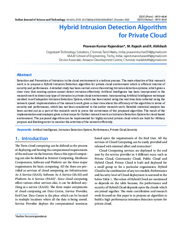 Pdf Hybrid Intrusion Detection Algorithm For Private Cloud