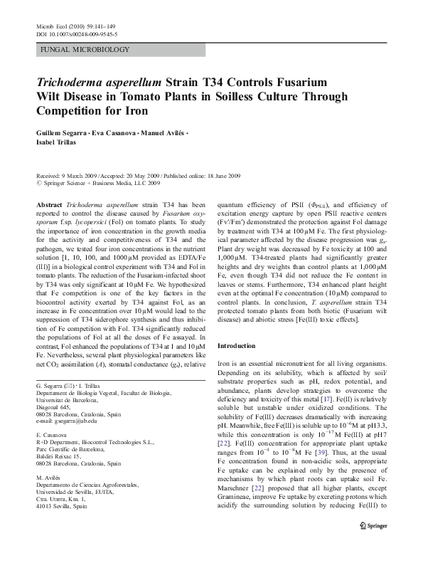 (PDF) Trichoderma asperellum Strain T34 Controls Fusarium Wilt Disease in Tomato Plants in ...