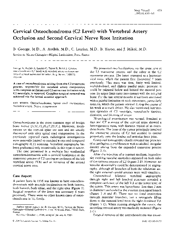 (PDF) Cervical osteochondroma (c2 level) with vertebral artery ...