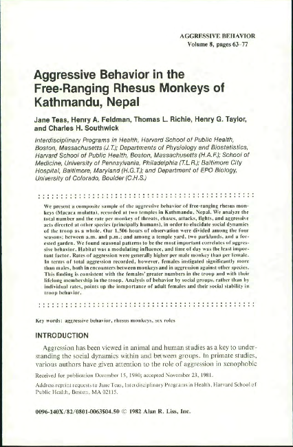 (PDF) Aggressive behavior in the free-ranging rhesus monkeys of ...