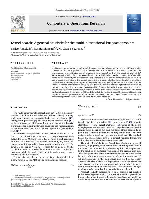 (PDF) Kernel search: A general heuristic for the multi-dimensional ...