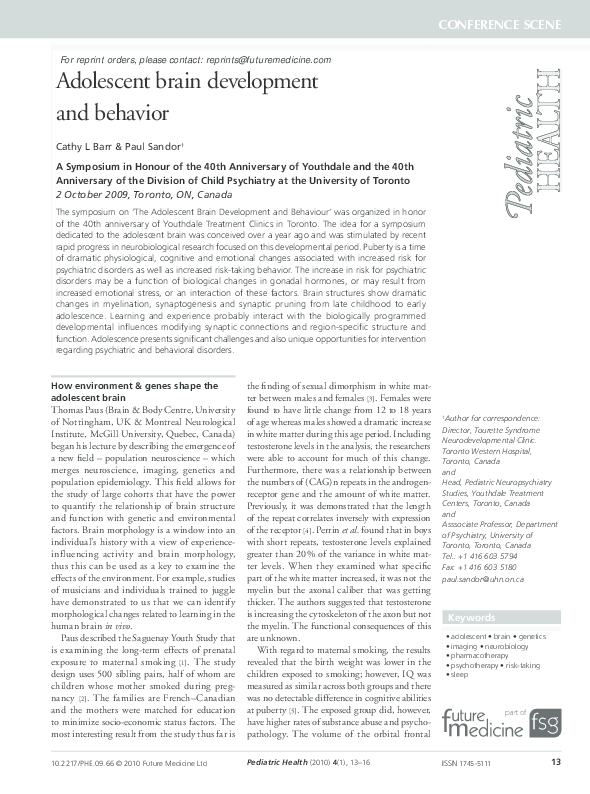 (PDF) Adolescent brain development and behavior