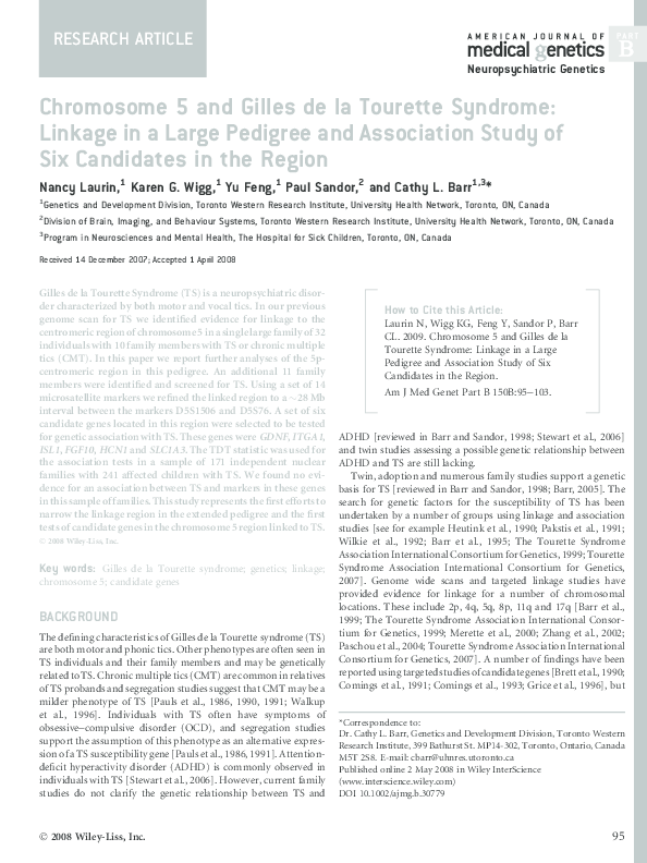 (PDF) Chromosome 5 and Gilles de la Tourette syndrome: Linkage in a ...