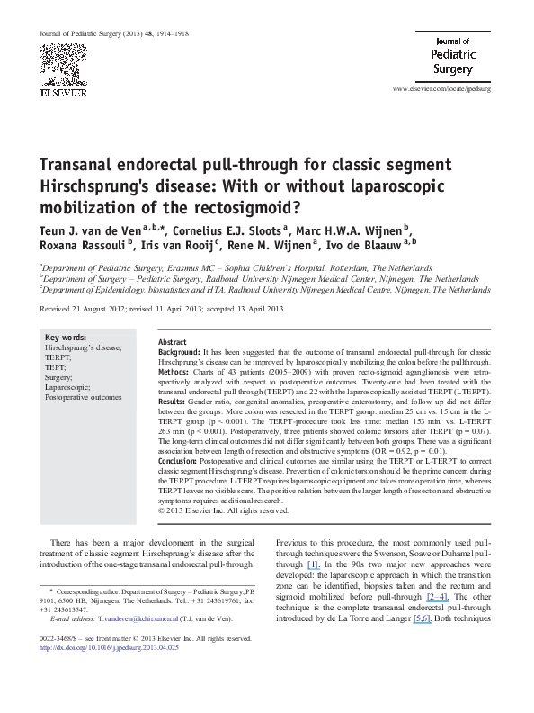 (PDF) Transanal endorectal pull-through for classic segment Hirschsprung's disease: With or ...