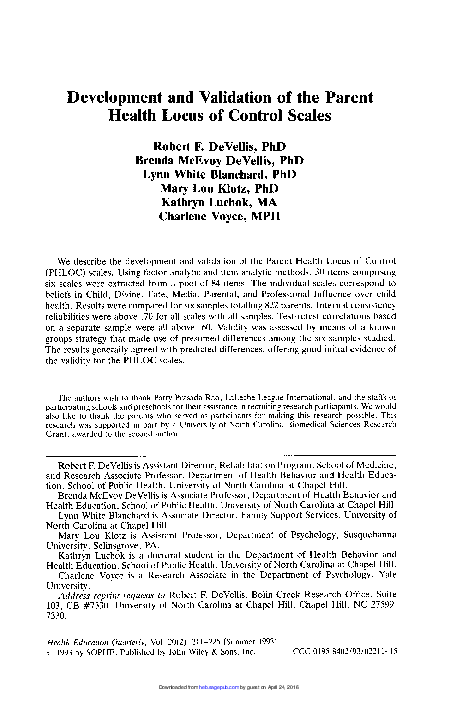 (PDF) Development and Validation of the Parent Health Locus of Control ...