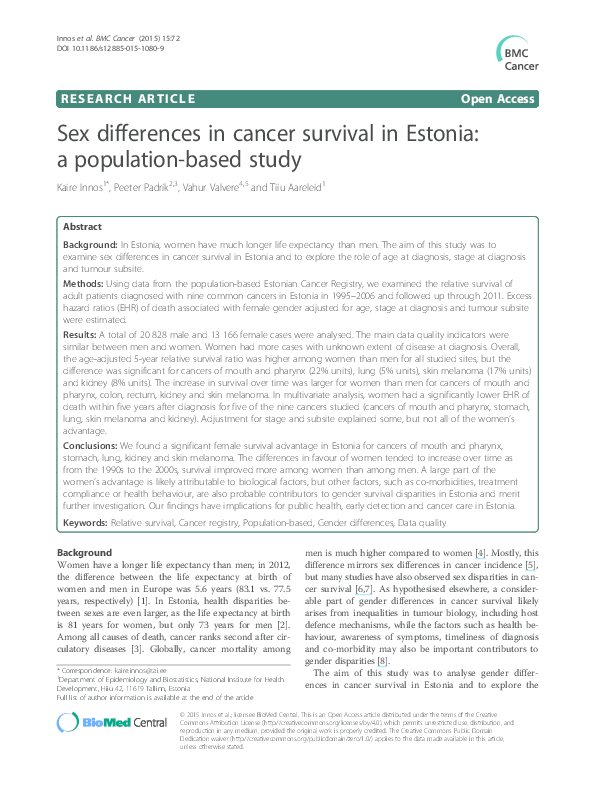 Pdf Sex Differences In Cancer Survival In Estonia A Population Based