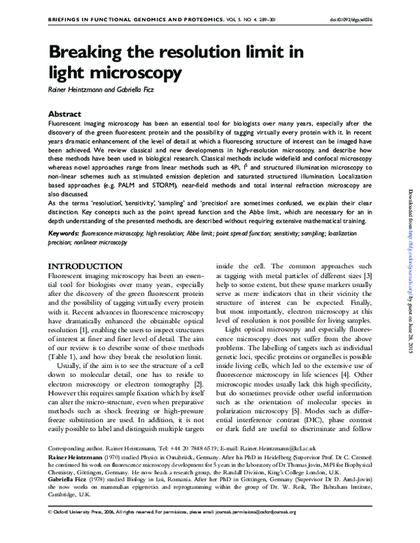 (PDF) Breaking the resolution limit in light microscopy