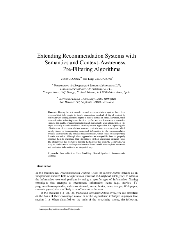 (PDF) Extending Recommendation Systems with Semantics and Context-Awareness: Pre-Filtering ...