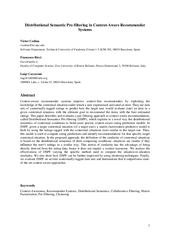 (PDF) Distributional semantic pre-filtering in context-aware recommender systems