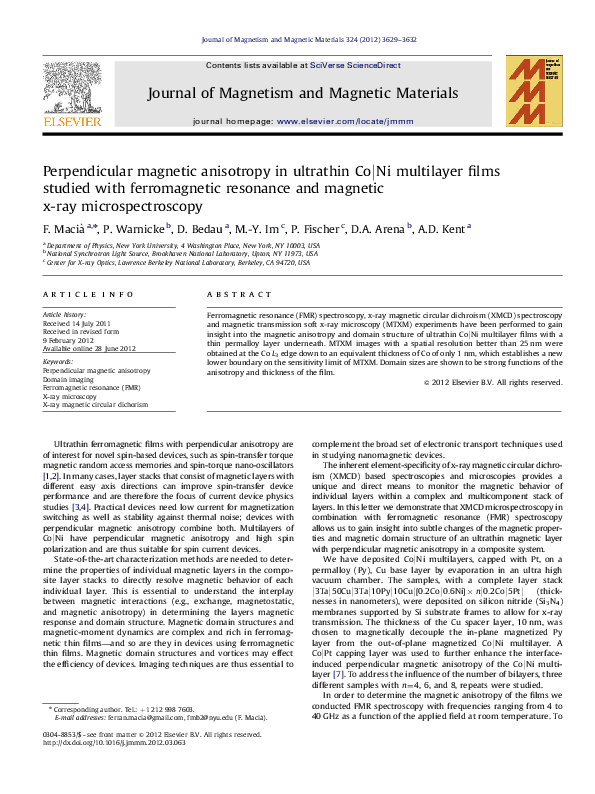 (PDF) Perpendicular magnetic anisotropy in ultrathin multilayer films studied with ferromagnetic ...
