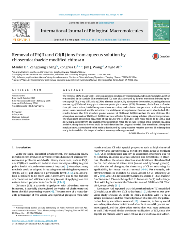(PDF) Removal of Pb(II) and Cd(II) ions from aqueous solution by thiosemicarbazide modified chitosan