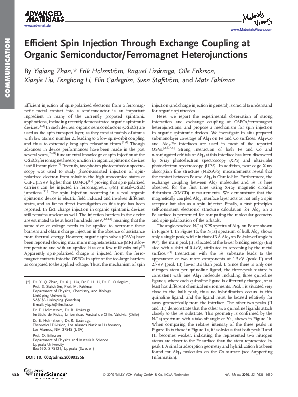 (PDF) Efficient Spin Injection Through Exchange Coupling at Organic Semiconductor/Ferromagnet ...