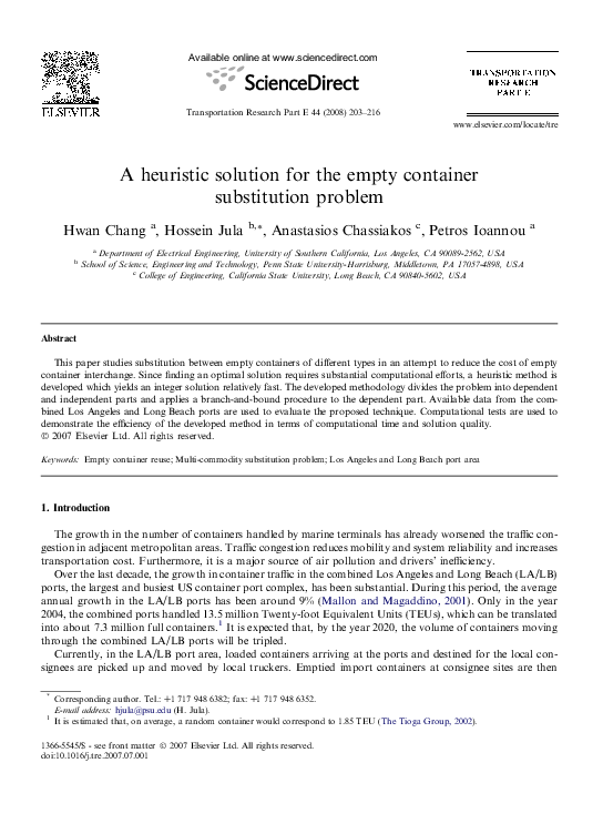 Pdf A Heuristic Solution For The Empty Container Substitution Problem