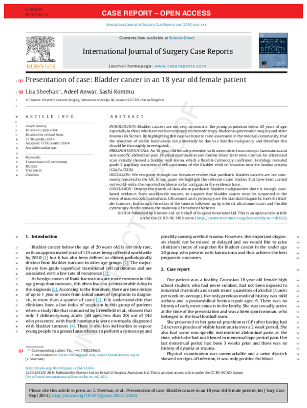 PDF Presentation Of Case Bladder Cancer In An 18 Year Old Female PDF Presentation Of Case Bladder Cancer In An 18 Year Old Female